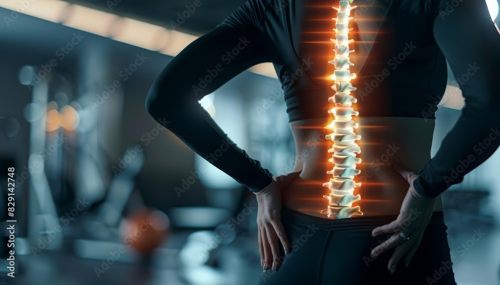 A person in athletic wear holding their lower back with a glowing ...