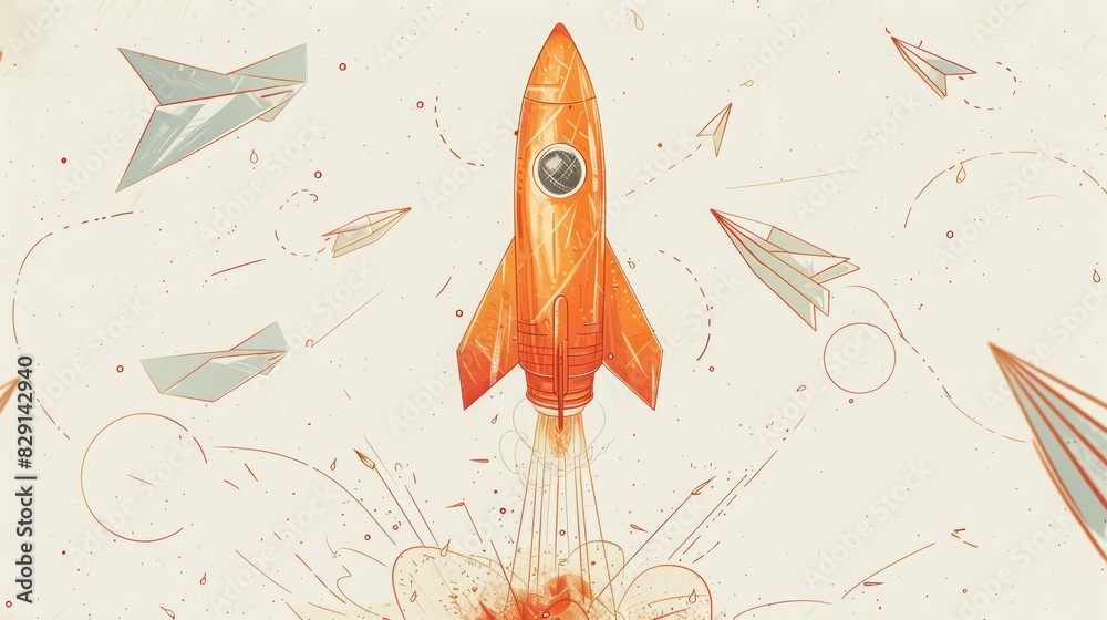 A sketch illustration of a detailed orange rocket surrounded by paper ...