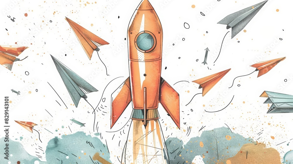 A sketch illustration of a detailed orange rocket surrounded by paper ...