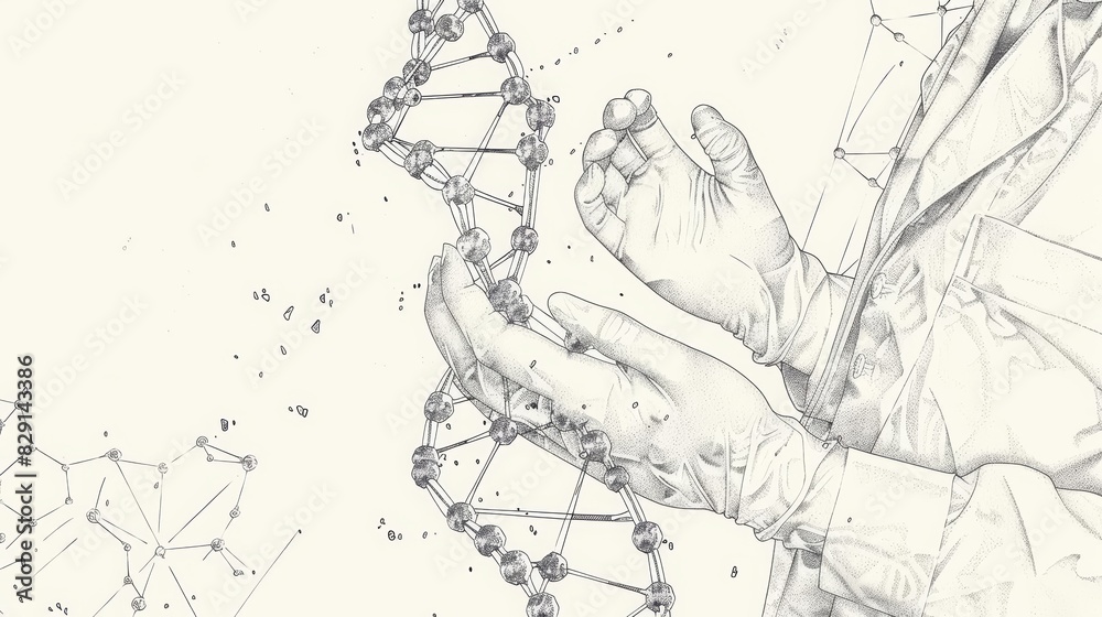 A sketch illustration of hands in a white coat holding a detailed DNA ...