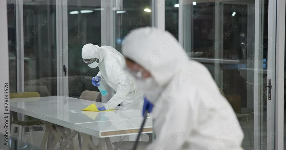 Cleaning, disinfection and people with hazmat suit in laboratory for ...
