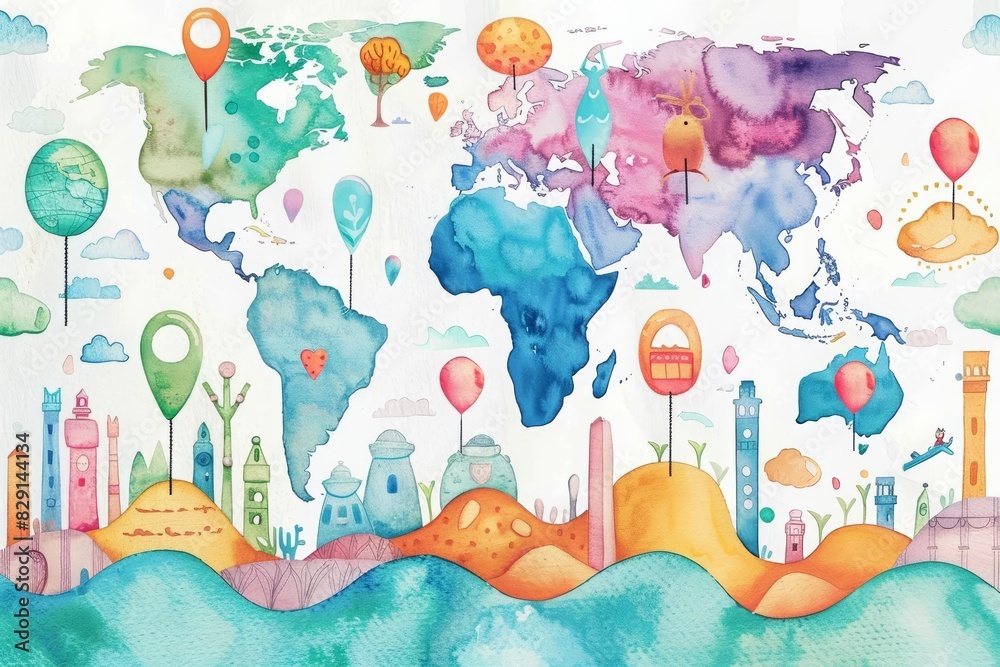 A watercolor clipart of a cute, simplified map with pastel colors and ...