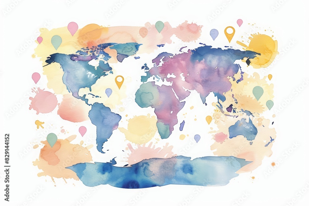 A watercolor clipart of a cute, simplified map with pastel colors and ...