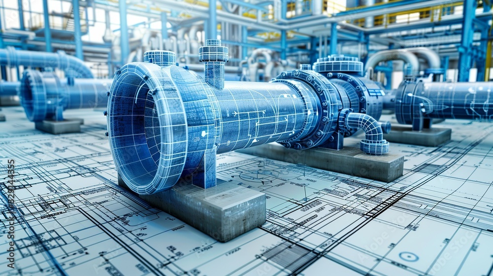 Piping system blueprints merged with images of intricate industrial ...