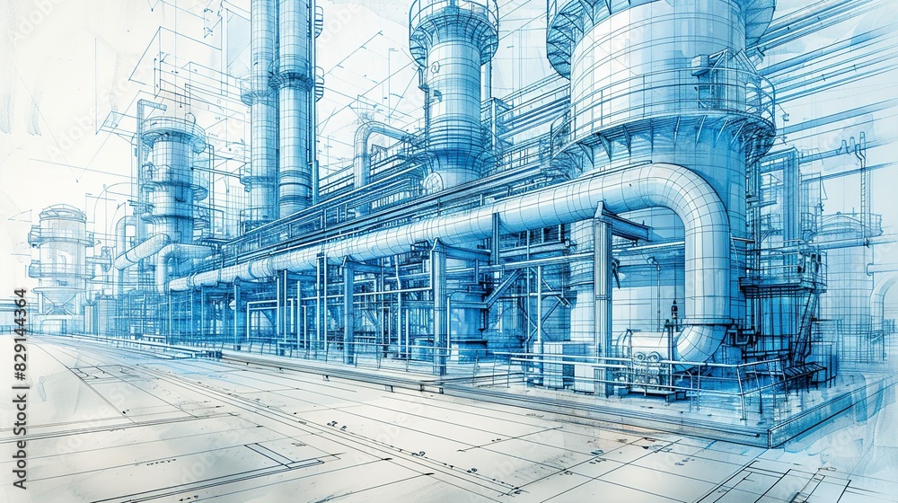Piping system blueprints merged with images of intricate industrial ...