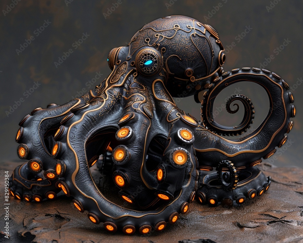 An octopus with a steampunk aesthetic The octopus is black with orange ...