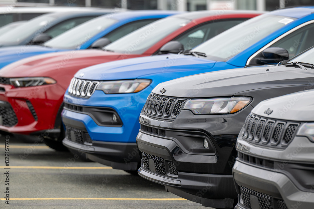 Newfoundland, Canada - June 1, 2024: A row of new blue, black, grey ...