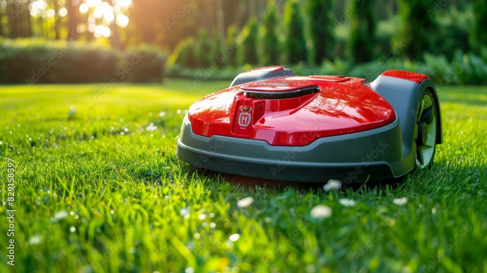 Automatic robot lawn mower cutting green grass on beautiful landscaped ...
