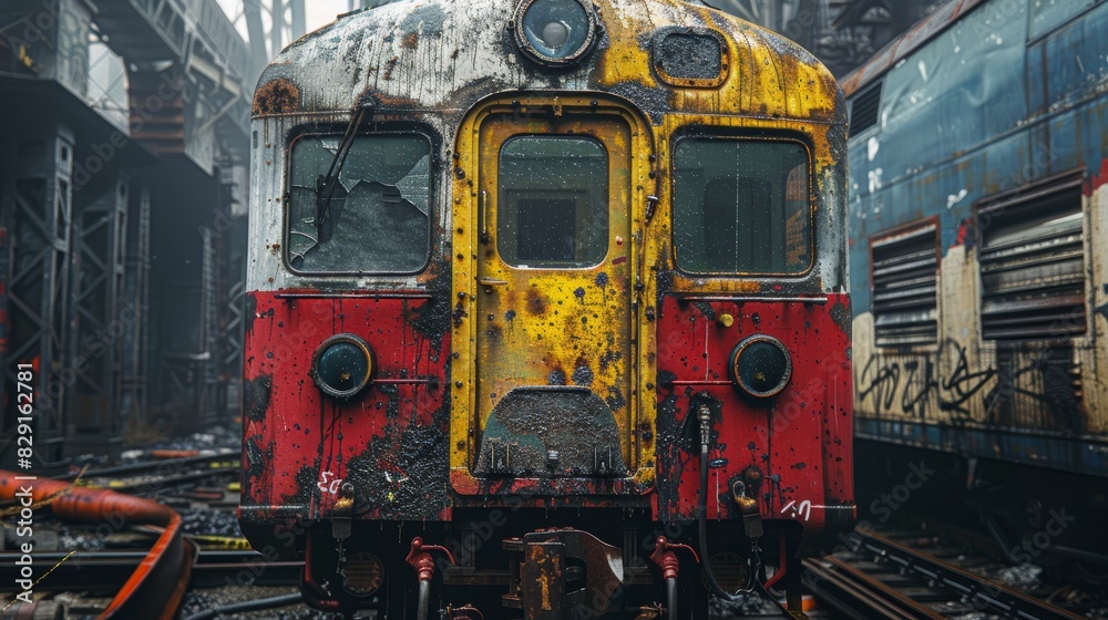 A rusted and graffiti-covered old train stands forgotten on abandoned ...