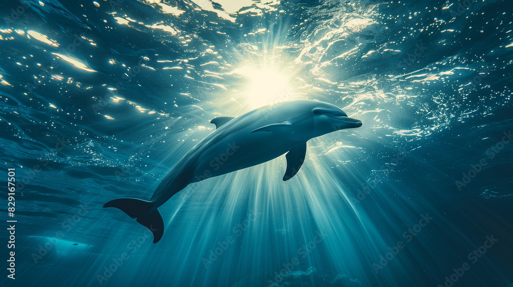 A dolphin swimming towards the surface, breaking through the water with ...