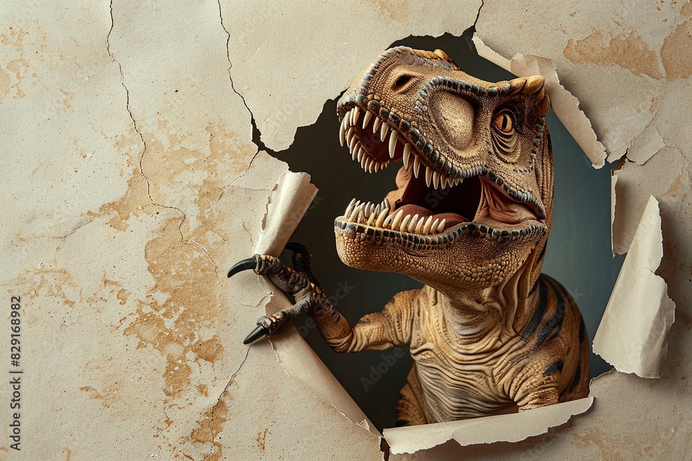 Cute T-Rex peeking out of a hole in wall, torn hole, empty copy space ...