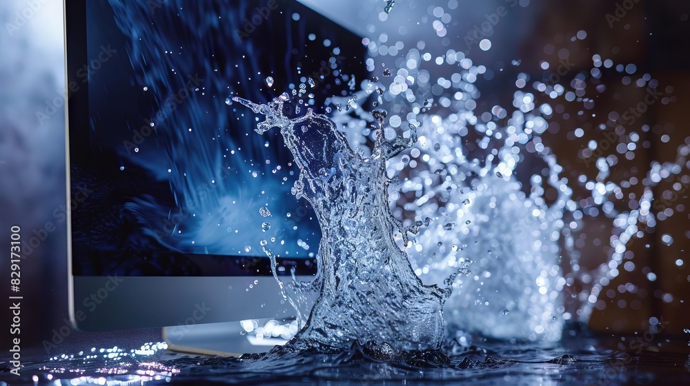 realistic water splashing out of modern computer monitor blurring lines ...
