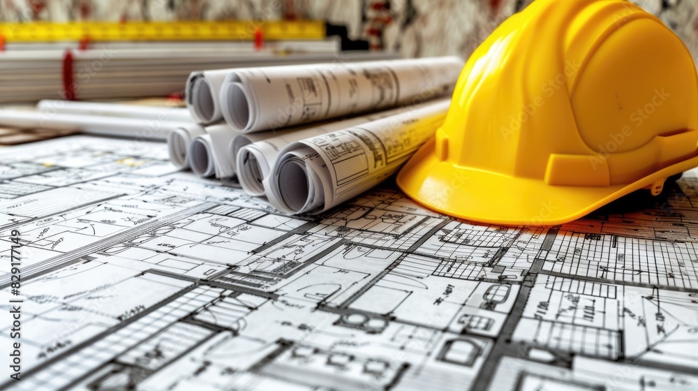 Construction house. Repair work. Drawings for building and yellow ...