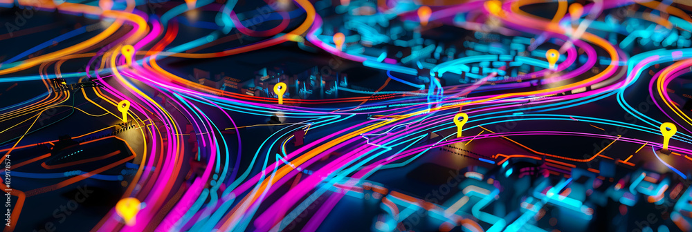 3D rendering of colorful neon light trails and paths moving on a map ...