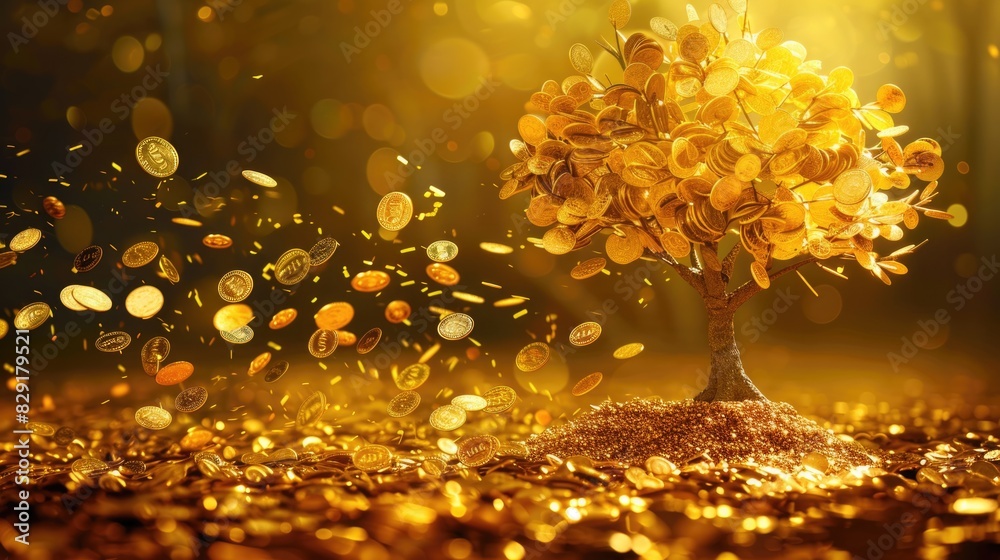 golden gold coin tree has coins as leaves that fall on ground, idea for limitless income, wealth ...