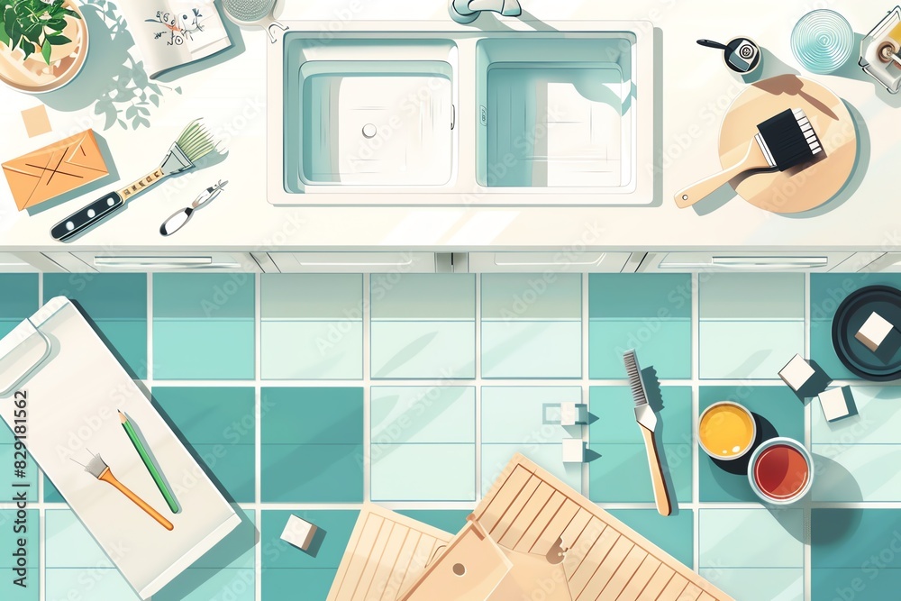 Home renovation flat design top view DIY theme cartoon drawing Tetradic ...