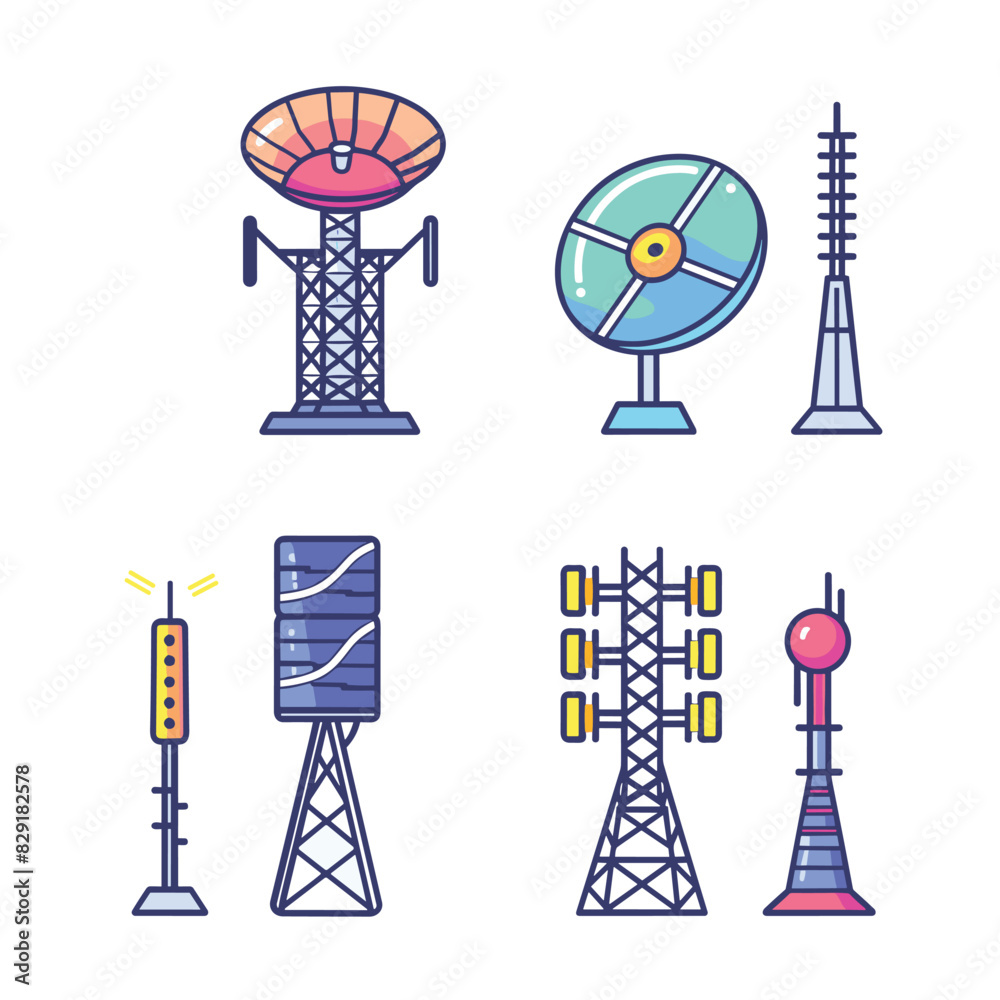 Collection Various Communication Towers Antennas Vibrant Colored