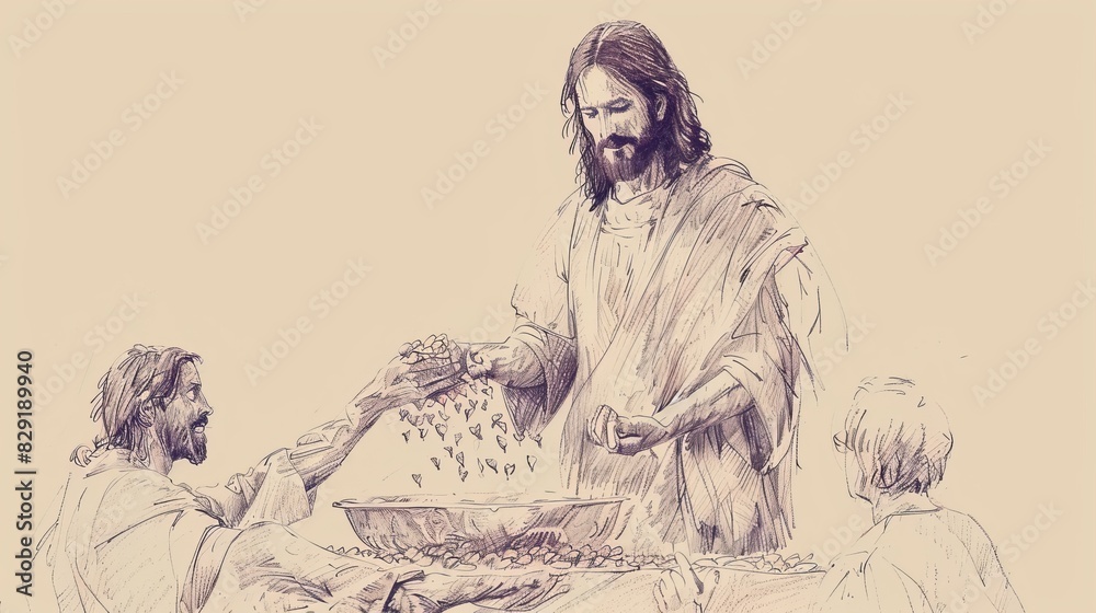 Loaves and Fishes Multiplying as Jesus Feeds 5,000, Crowd Watching ...