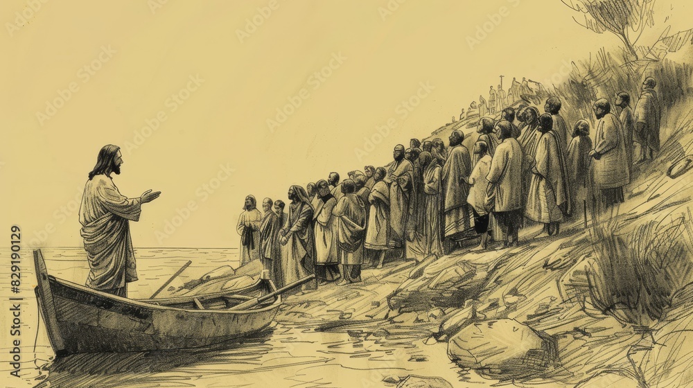 Teaching Crowds from Peter’s Boat, Jesus, Shoreline, Biblical ...
