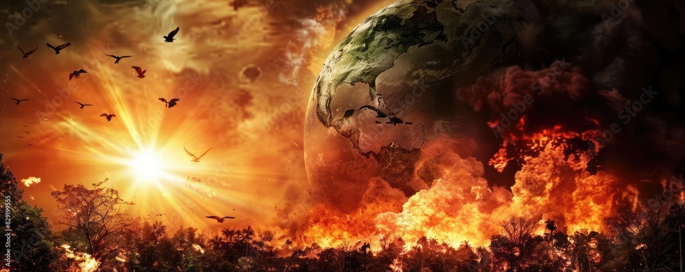 Dystopian illustration of a fiery apocalypse, with the sun setting ...