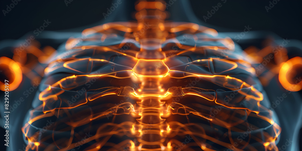 Science anatomy scan of human body with glowing rib cage blood vessels ...