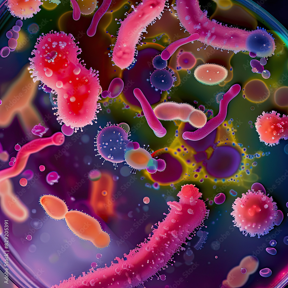 Microscopic view of bacteria in a petri dish with nutrient agar ...