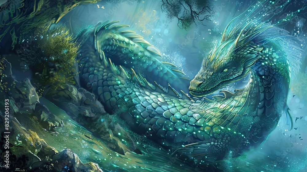 Illustrate a mythical creature in a rare rear perspective, its scales ...