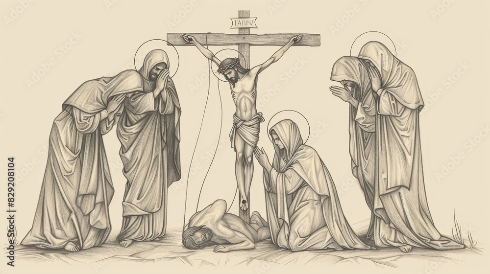 Jesus on Cross with Mary, John, Mary Magdalene Grieving, Dark Sky ...