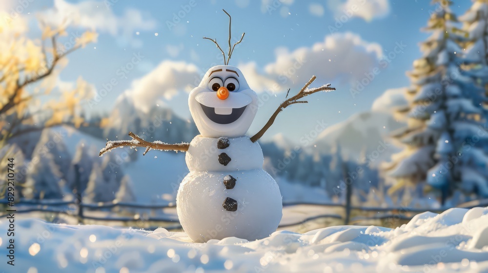 With a bright smile and coal eyes, the snowman beams with happiness ...