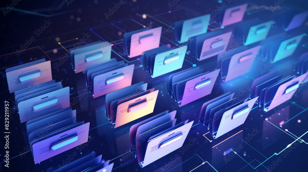 Abstract network grid with files and folders, futuristic software ...