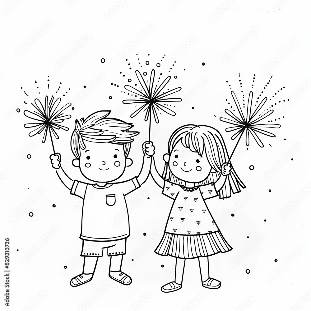 Boy and girl holding sparklers for holiday coloring page black and ...
