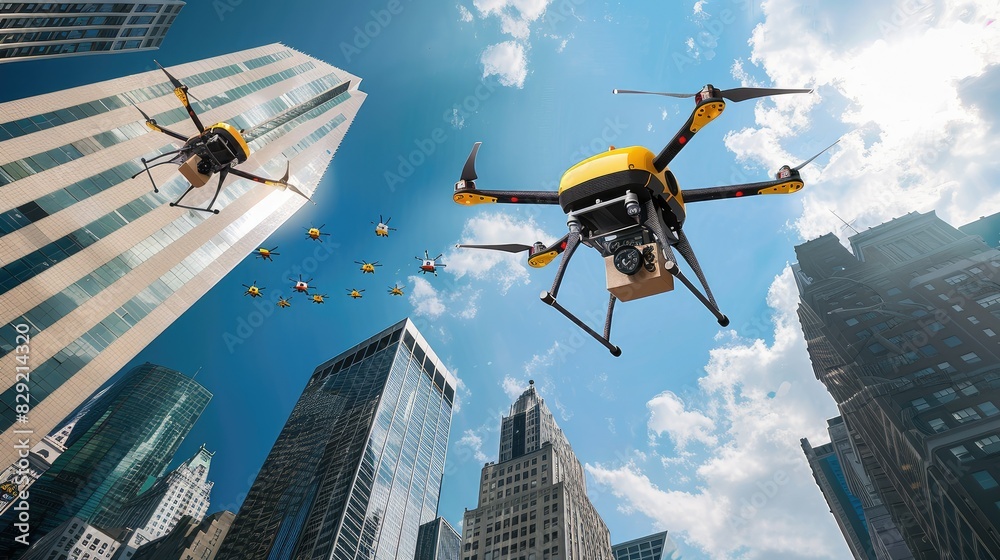 Urban Drone Delivery Drones flying over sky, delivery drones flying ...