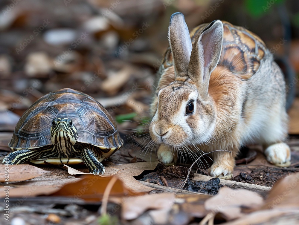 A turtle and a hare captured in a dynamic woodland scene, embodying the ...