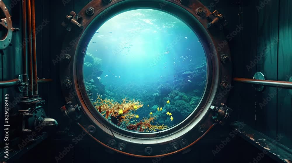 Scenic underwater landscape viewed from submarine window with vibrant ...