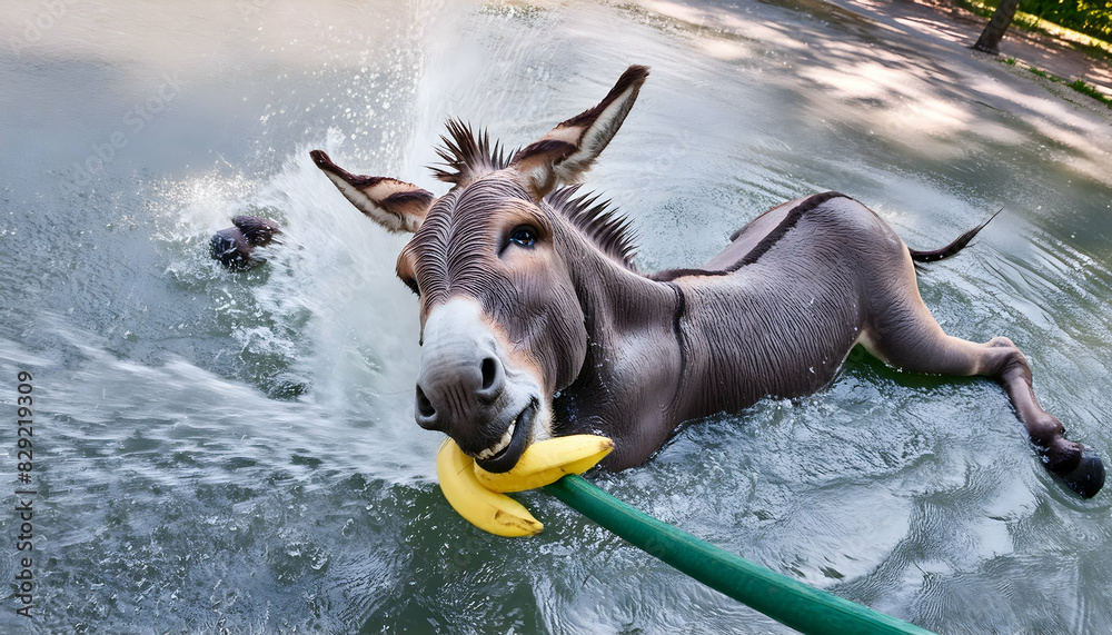 "Illustrate a donkey in a classic comedy scenario, like slipping on a ...