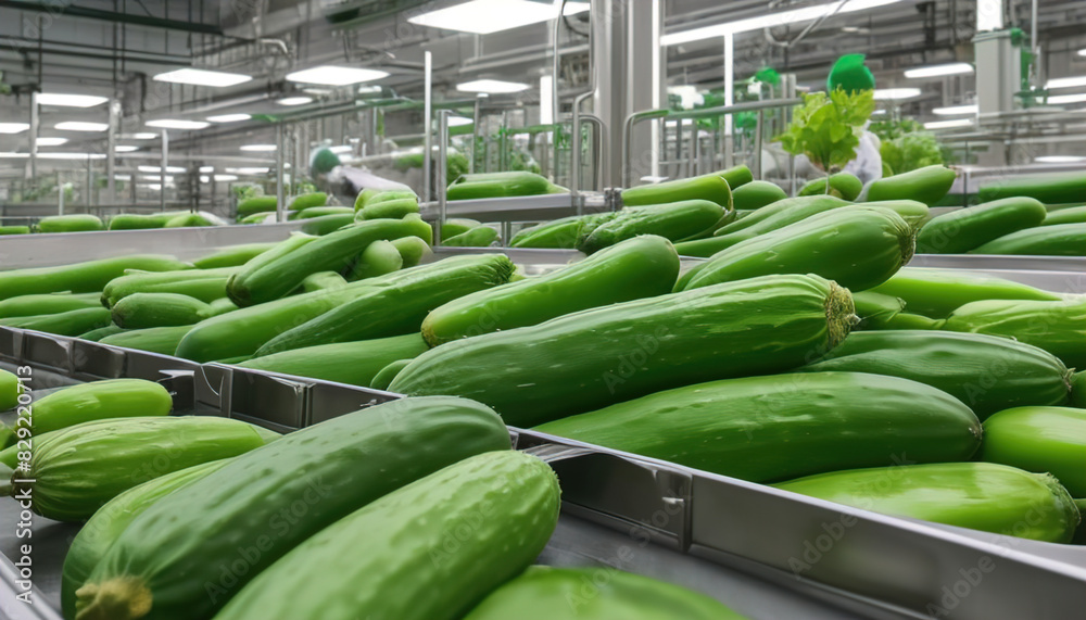Cucumbers in a food processing facility, clean and fresh, ready for ...