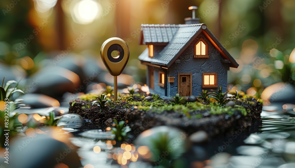 House symbol with location pin icon on cubicle soil and geology cross ...