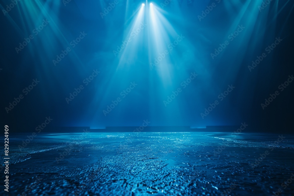 Blue abstract background with neon light rays spotlight and reflection ...