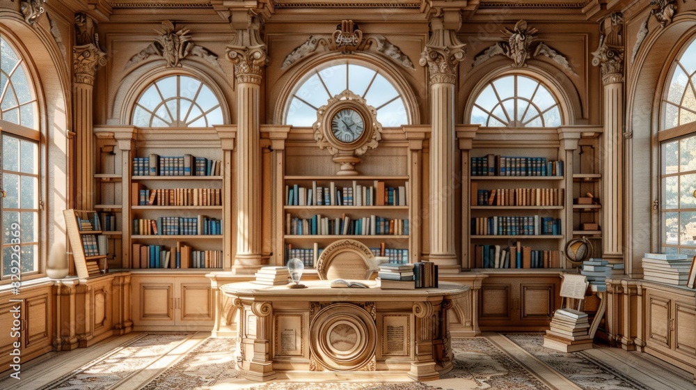 Design a paper cut artwork of a detailed family archive room with old ...