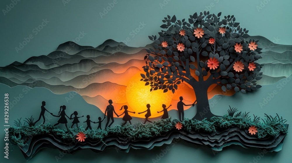 Illustrate a paper cut of a family tree with each branch made of paper ...