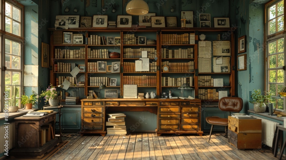 Design a paper cut artwork of a detailed family archive room with old ...