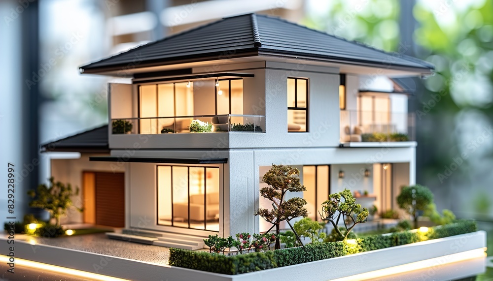 Modern two-story house model with white walls Stock Illustration ...