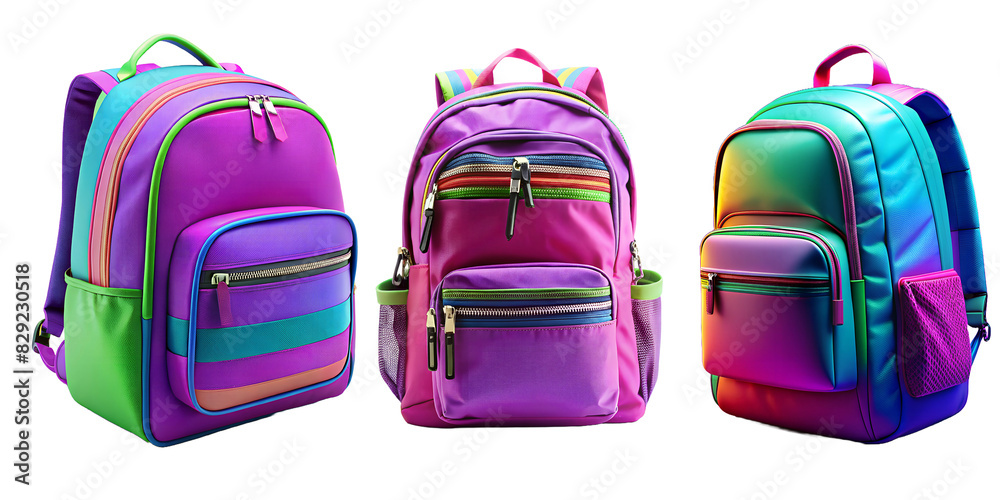 Set of fabric backpack with many zips and pockets.White or transparent ...