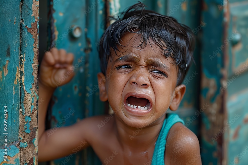 Kid indian stay alone looking out of the door with bored face. Close up ...