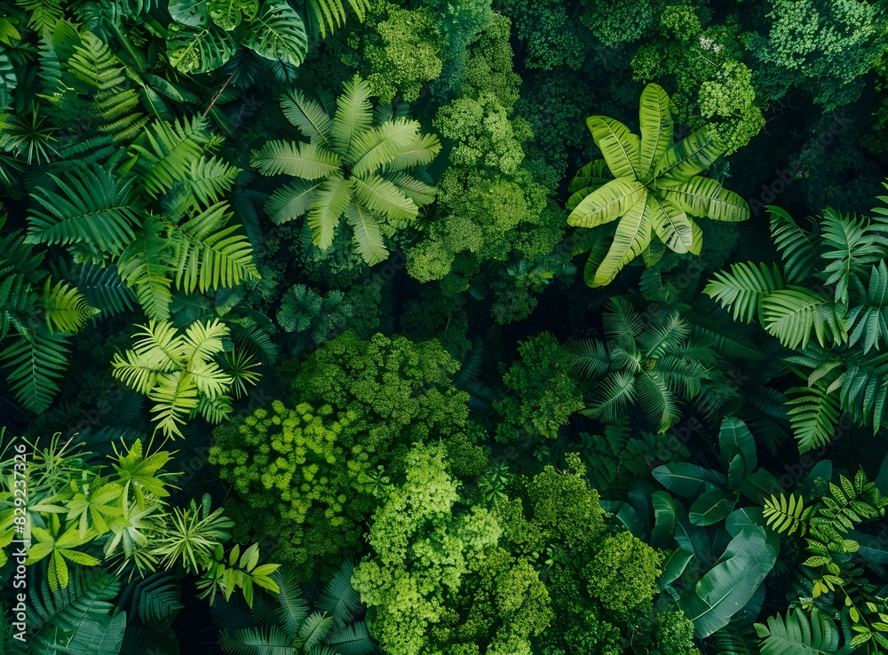 Aerial view of a dense tropical rainforest, showcasing a lush canopy of ...