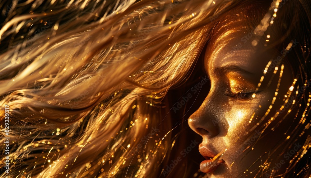 Gold woman with beauty model girl golden makeup and long hair on black ...