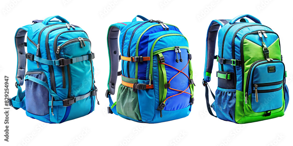 Set of fabric backpack with many zips and pockets.White or transparent ...