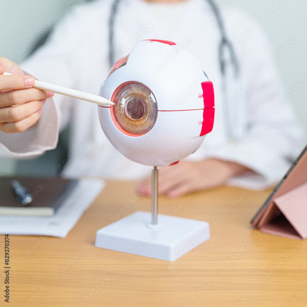 Doctor with human Eye anatomy model with magnifying glass. Eye disease ...