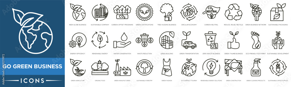 Go Green Business icon set. Green Globe Business, Sustainable Company ...