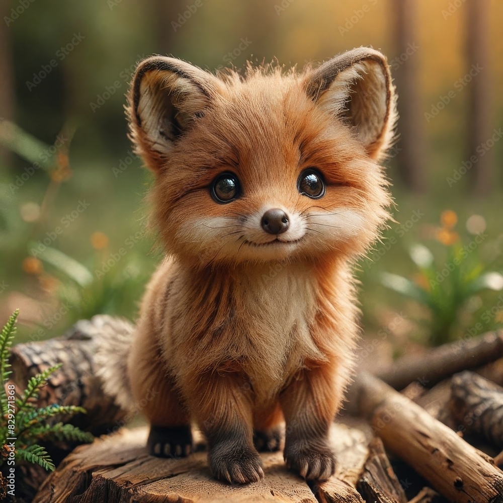 Cute Red Fox Kit Sitting On A Tree Stump Stock Illustration Adobe Stock